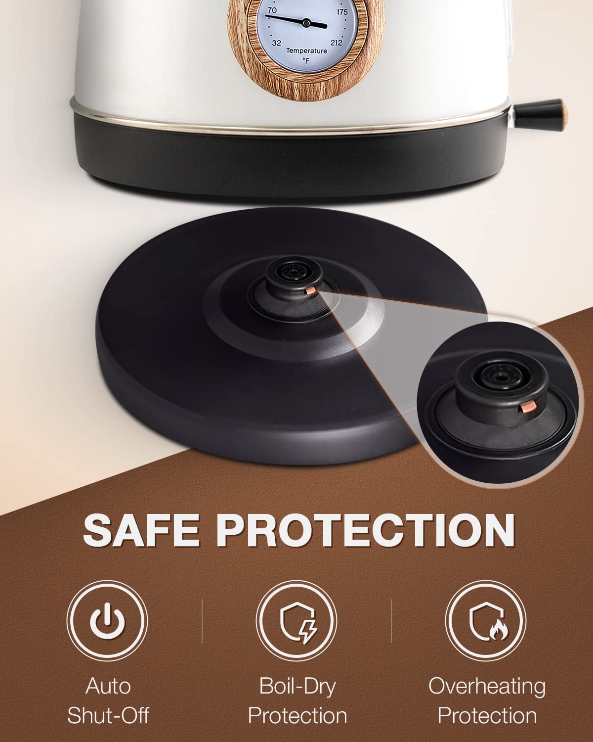 Electric Tea Kettle, Hot Water Boiler with Thermometer 1.7 Liter Stainless Steel Teapot, BPA Free, 1500W, SMOLON Wood Pattern Handle Pour-Over Electric Kettle with LED Indicator Auto Shut-Off, White
