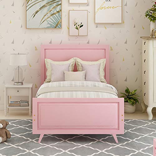MWrouqfur Twin Size Wood Platform Bed Frame for Kids,Bed Frame Mattress Foundation with Headboard and Wood Slat Support for Girls Boys (Pink)