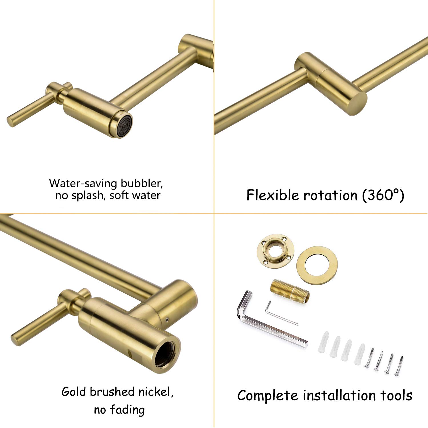 BZOOSIU Brushed Gold Pot Filler Faucet, Solid Brass Double Joint Swing Arms Folding Faucet, Single Hole Two Handles Wall Mount Kitchen Faucet