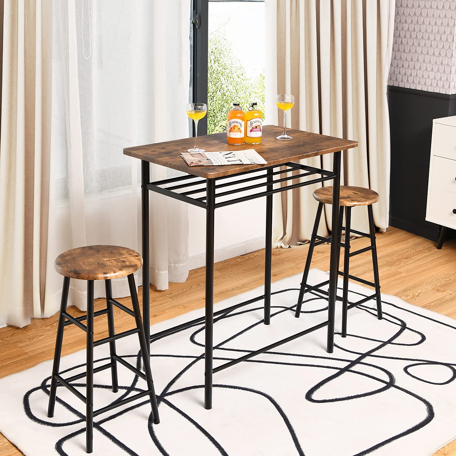 COSTWAY 3 Pieces Dining Table Set, Compact Dining Table Set with 2 Bar Stools, Space-Saving Bistro Set with Metal Fame and Storage Shelf, Pub Table and Chairs Set for Kitchen, Dining Room (Teak)