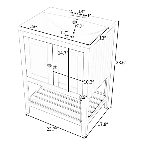 Merax 24 Inch Bathroom Vanity with Ceramic Sink Set Combo, Cabinet with Drawer and Doors, Solid Wood Frame with Painted Finish, Modern Style, White