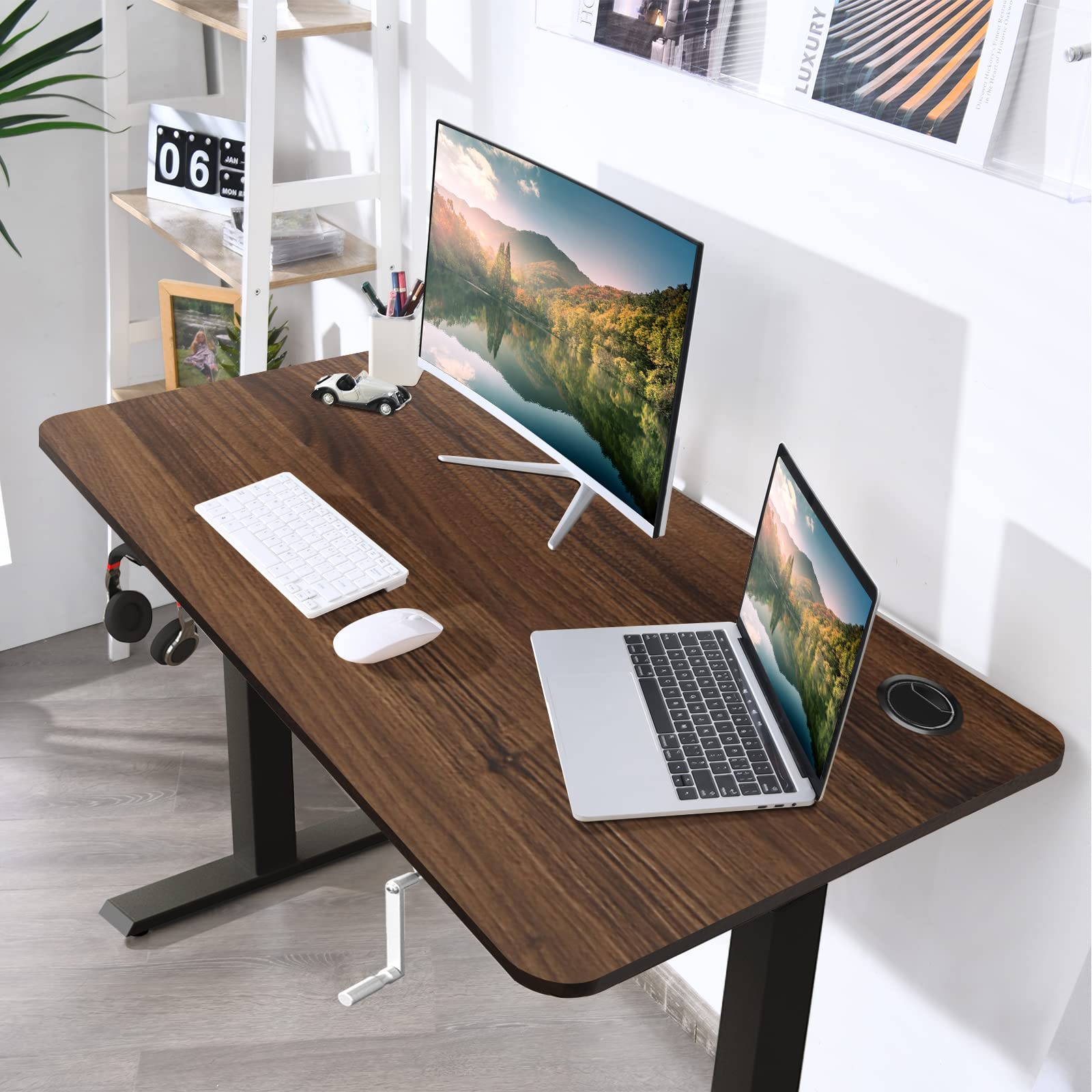 COSTWAY 48 x 24 Inch Universal Table Top, Solid One-piece Wooden Desktop w/Cable Holes, Office Relevance Tabletop for Standard & Sit-to-stand Home Office Desk Frames, Easy Assembly (Walnut)