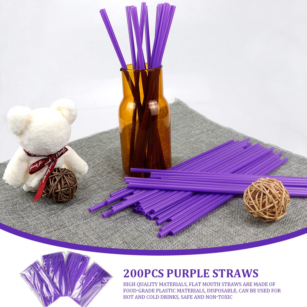 FERCAISH 200 Pcs Purple Disposable Plastic Straws, DIY Creative Handmade Flower Straws - Disposable Fruit Juice Beverage Plastic Straw for Wedding Birthday Party(10.2inches)