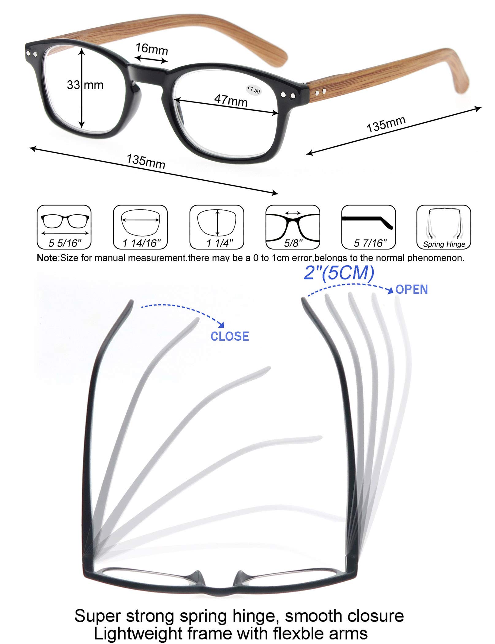 MODFANS 4 Pack Reading Glasses 2.0 Fashion Wood-Look Spring Hinges Stylish Readers Men Women