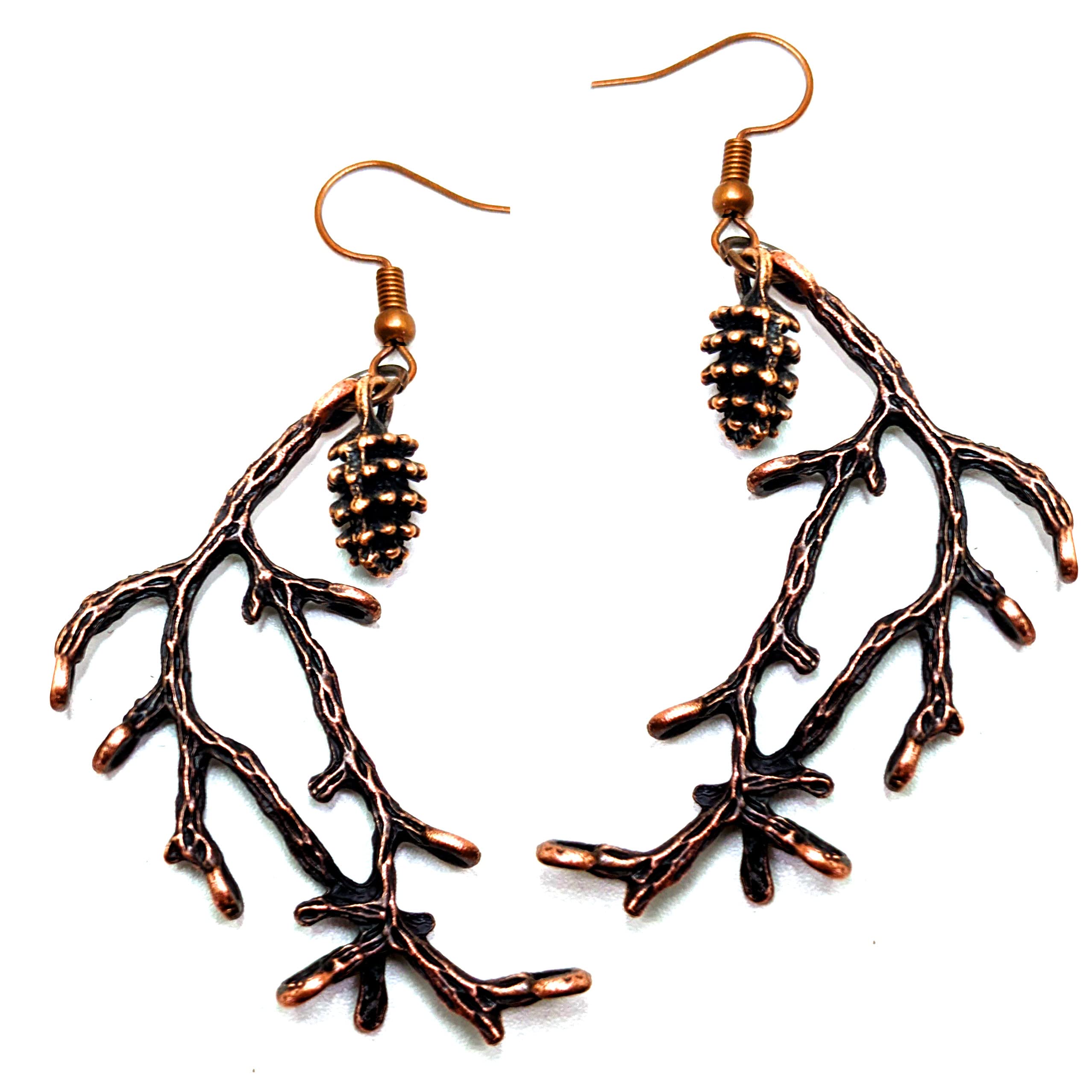 Copper Pine Cone Tree Branch Drop Earrings