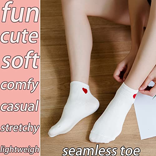 CHUNFO Cute Heart White Red Crew Women Socks Frilly Fun Bear Pattern Long Ankle Novelty Aesthetic Girls Sock 4 & More Pairs (5Pairs β Heart Pattern 03)