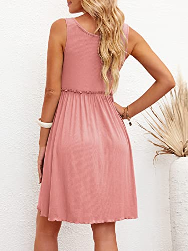 SENSERISE Womens Sleeveless Summer Dress Square Neck Ribbed Knit Sundress Ruffle Flowy Beach Short Mini Tank Dresses(Watermelon Pink,XL)