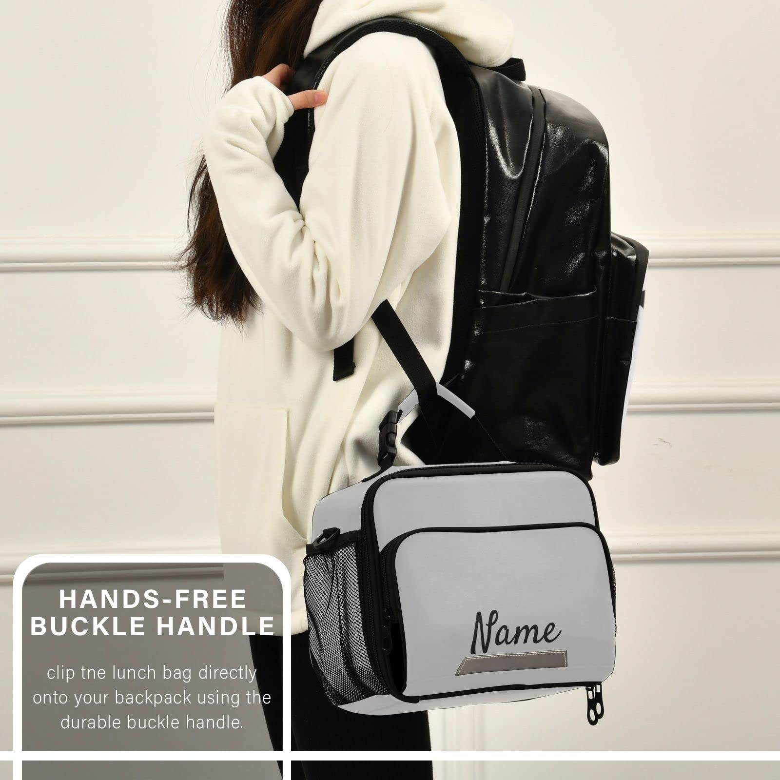 Custom Grey Kids Lunch Bag personalized your name Insulated Lunch Bags Reusable Lunch Box Lunch Tote Bag for School Office Work Picnic