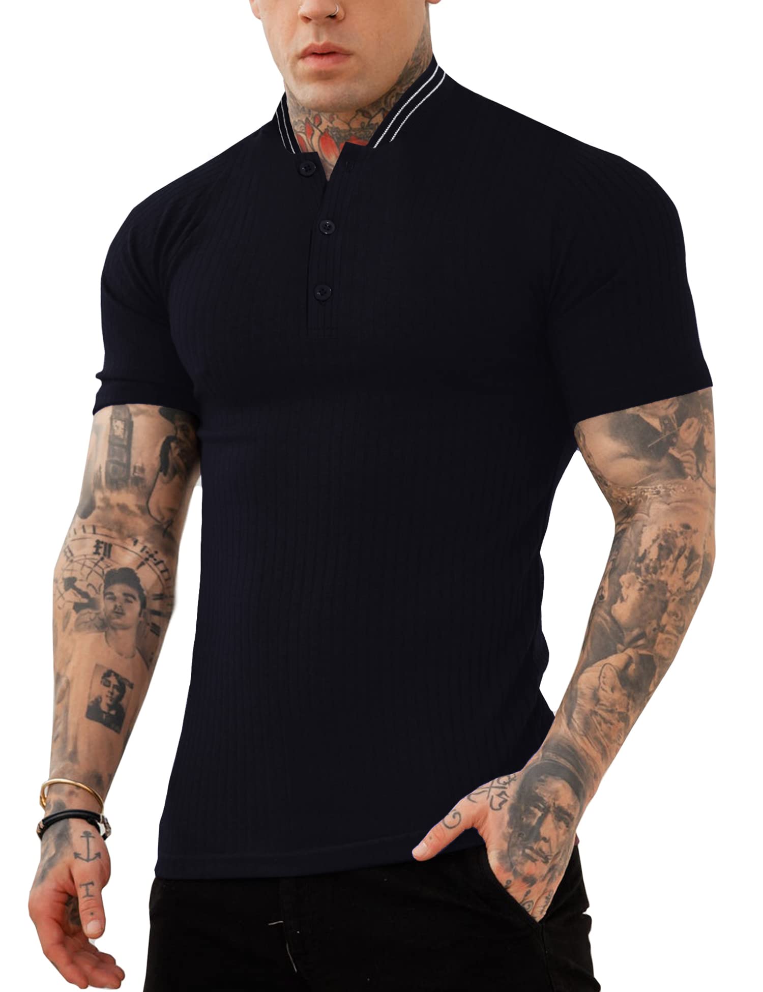 CHOMOLEZA Men's Muscle Polo Shirts Short Sleeve Knit T-Shirts Slim Fit Stretch Golf Shirt Casual Basic Tee Navy Blue S