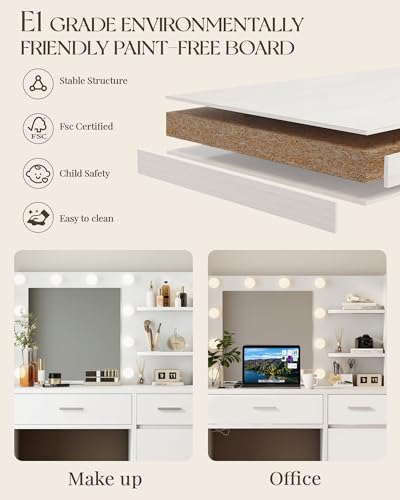 LIVELYGLOW Vanity Desk with Mirror and Lights, Makeup Vanity with Drawer & Storage Shelves, Cabinet, 3 Lighting Modes Adjustable Brightness, Bedroom Dressing Table, White