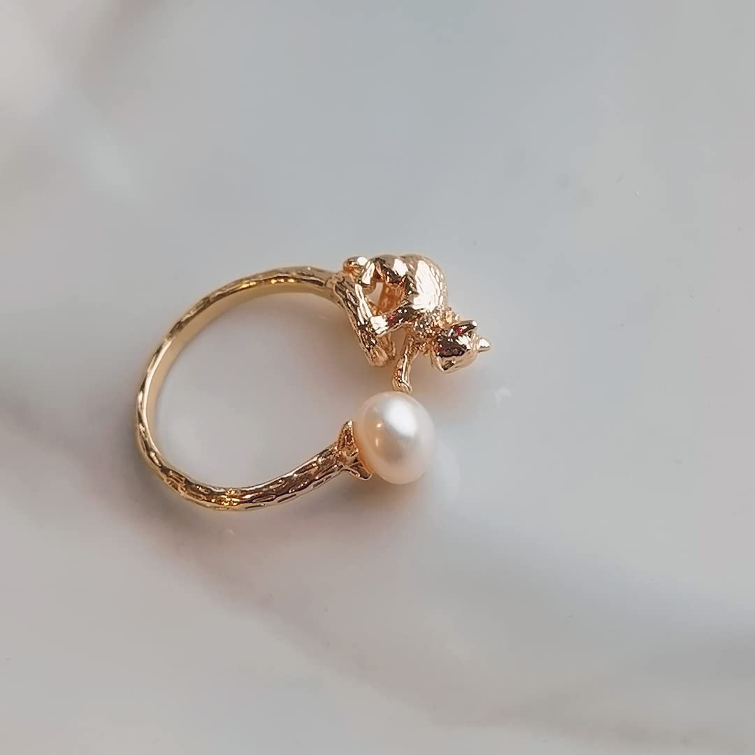 CCijiNG Christmas Pearl Ring for Women 14K Gold Plated Adjustable Open Wrap Ring Fashion Eternity Statement Jewelry for Christmas Gift(Cat Pearl)