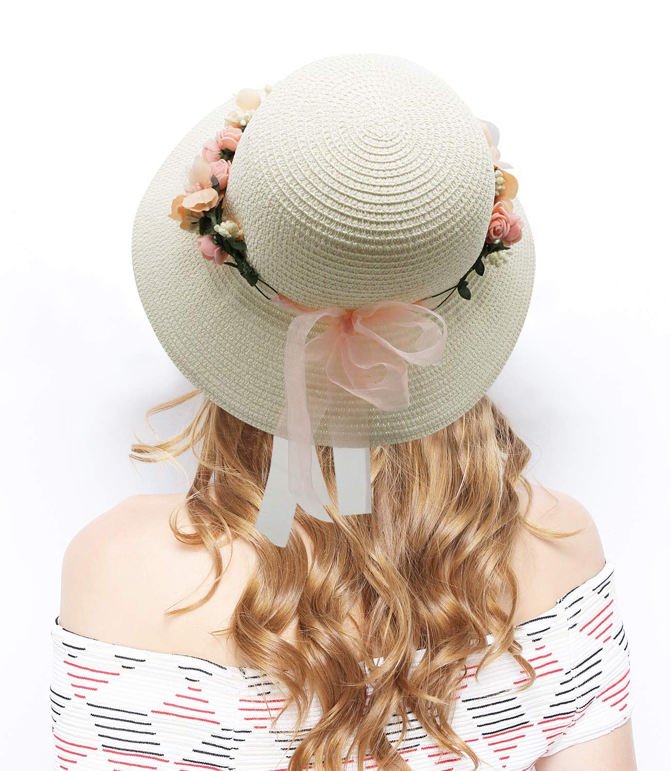 Lovful Fashion Flower Lace Ribbon Wide Brim Caps Summer Beach Sun Protective Hat Straw Hats for Women, White