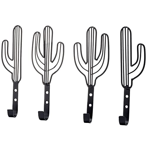 MyGift Wall Mounted Decorative Black Metal Entryway Coat Hooks Saguaro Cactus Shaped Hanging Novelty Hooks, Southwest Style Home Decor, Set of 4