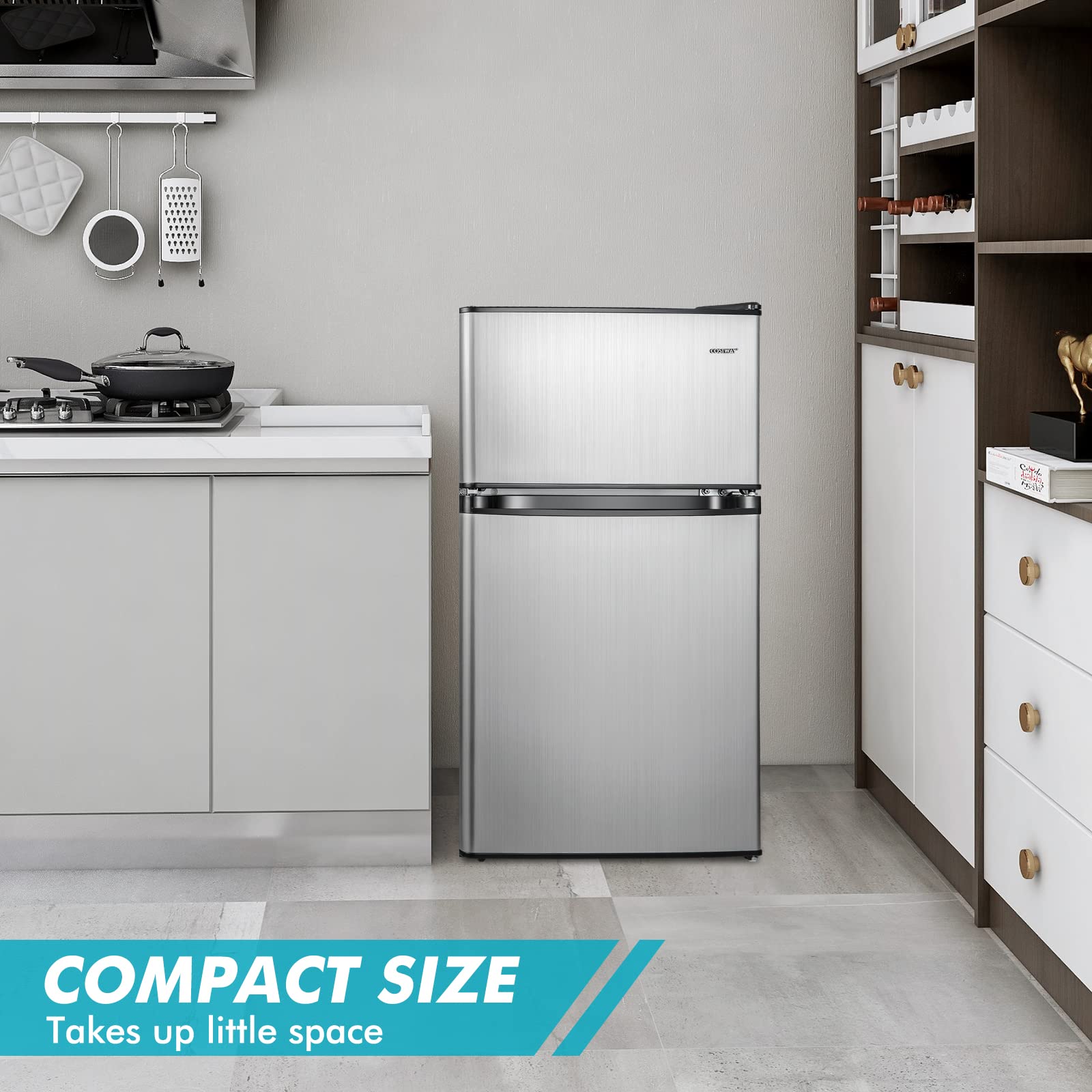 COSTWAY Compact Refrigerator, 2 Reversible Door 3.3 CU.FT. Mini Fridge and Freezer Compartment with Adjustable Thermostat & Removable Glass Shelves for Dorm Apartment Office (Silver)