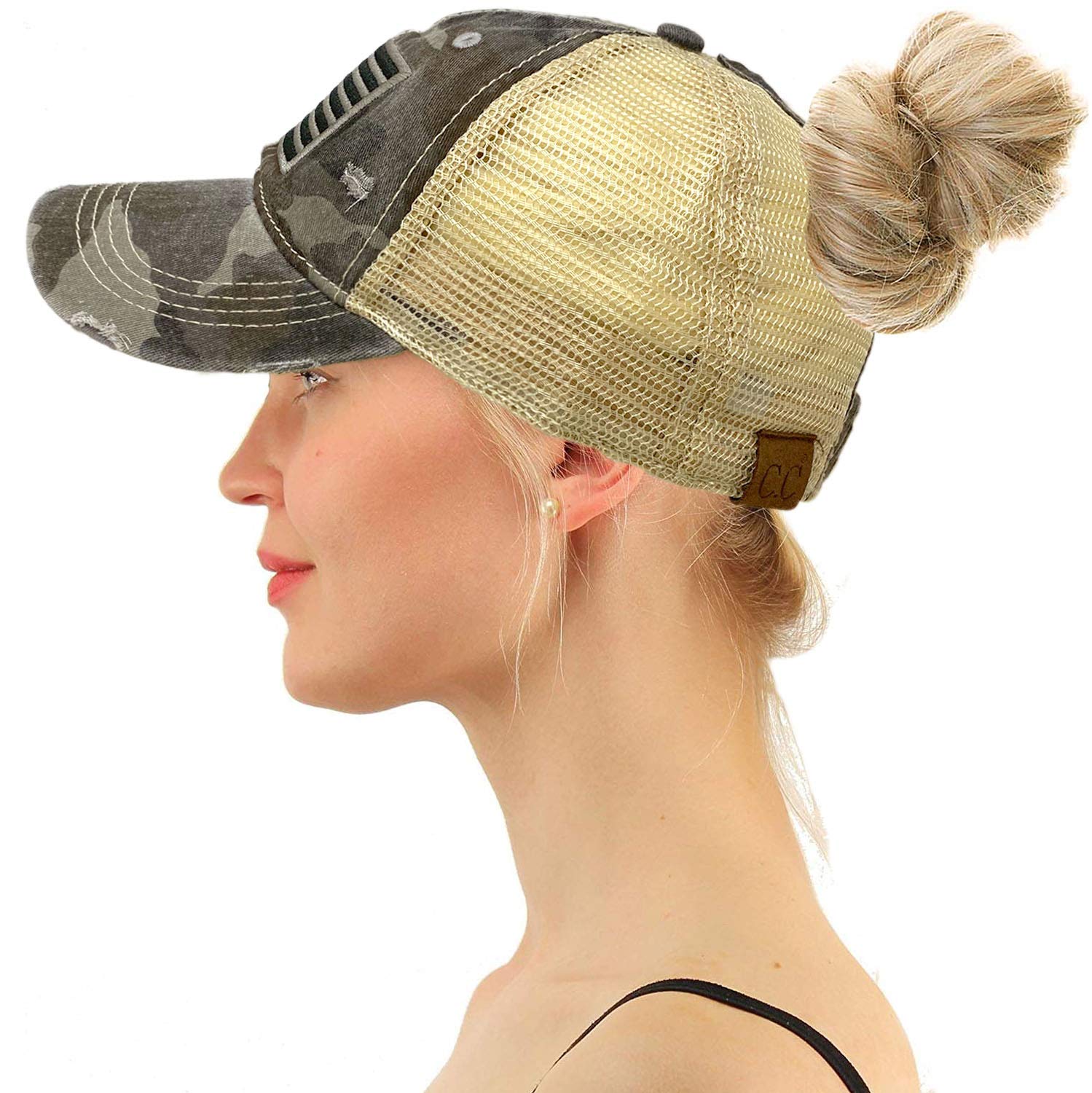 C.C Ponytail Messy Buns Trucker Ponycaps Plain Baseball Visor Cap Dad Hat (American Flag Camo Gray)