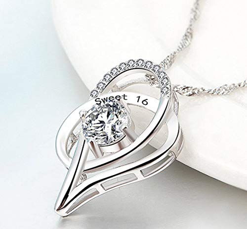 chaomingzhen 925 Sterling Silver Heart Pendant Necklace Engraved Sweet 16 16th Birthday Gift for HER