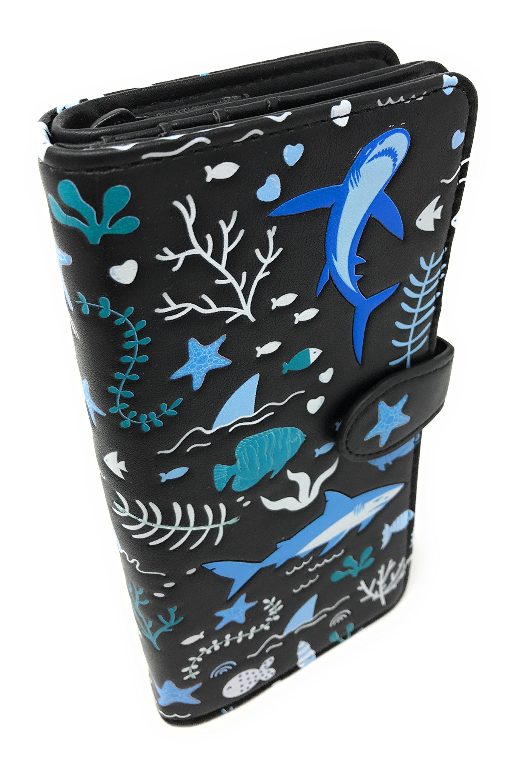Shag Wear Shark Pattern Large Beach Wallet for Women and Teen Girls Vegan Faux Leather Black 7"