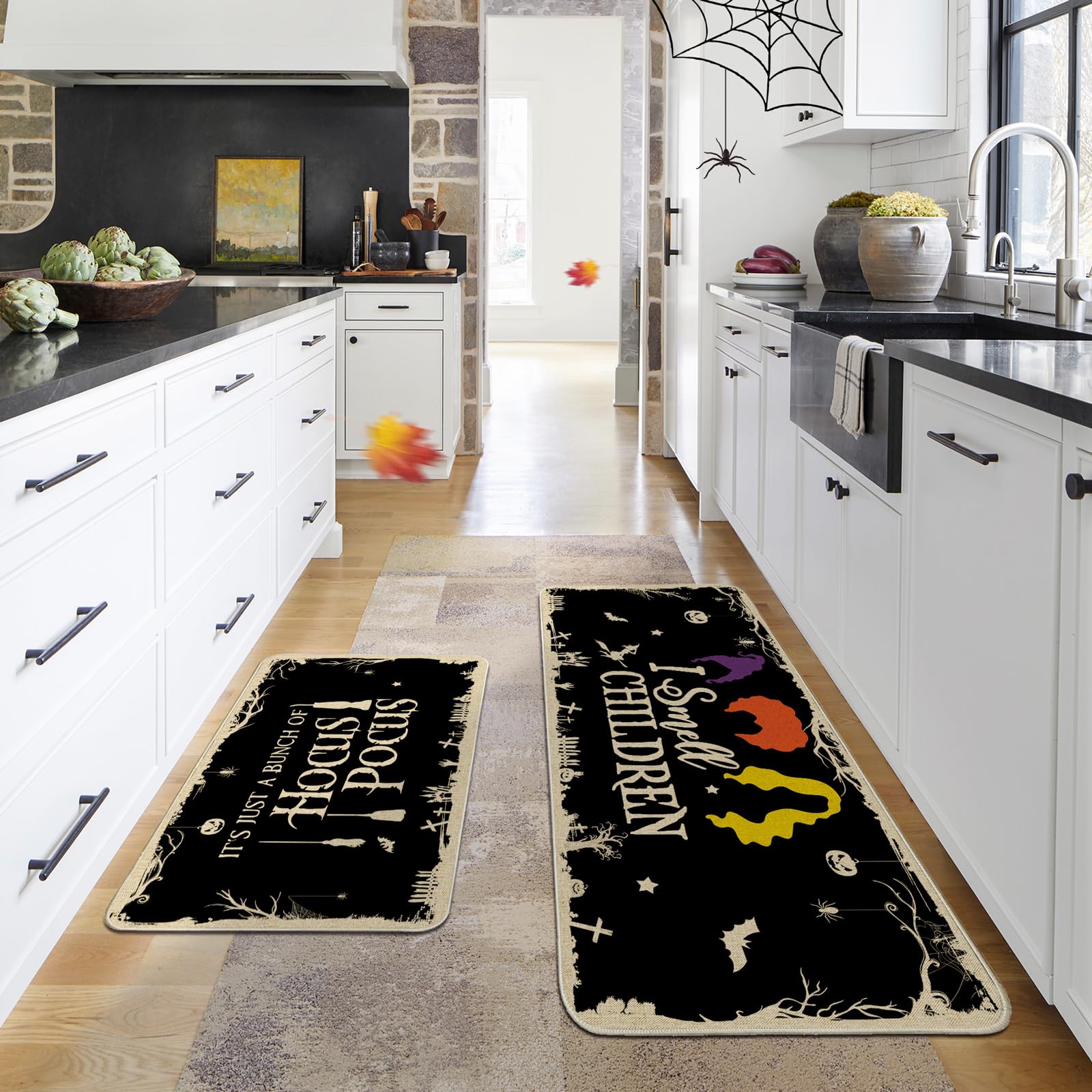 Cusugbaso Halloween Kitchen Mats, Kitchen Rugs Set of 2 - Witches Halloween Kitchen Decor for Floor - Halloween Decorations for Home 17"x27+17"x47"