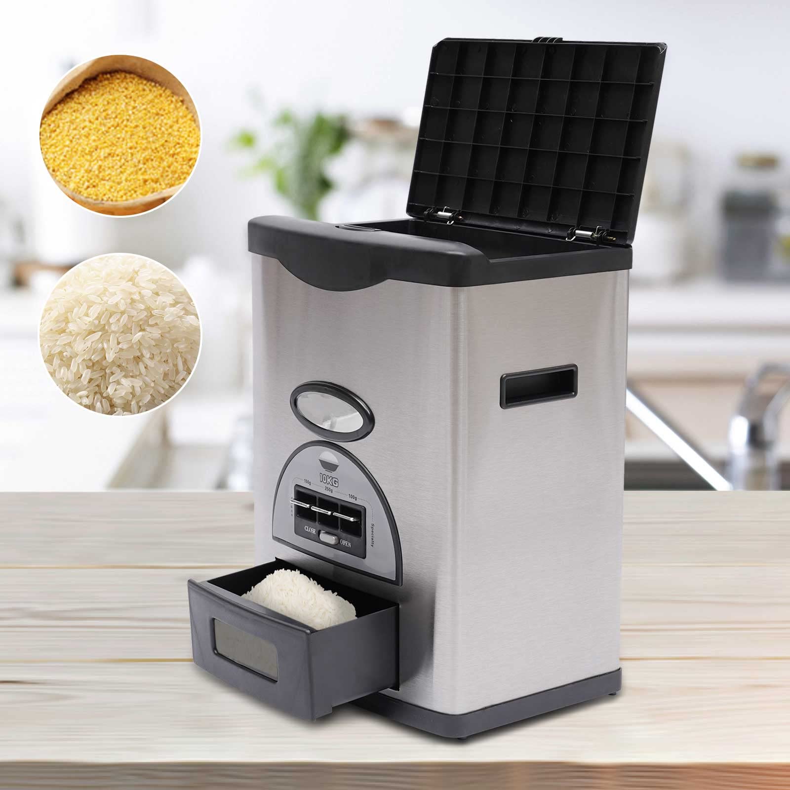 Fetcoi Auto Rice Dispenser Container, Stainless Steel Rice Dispenser, 10kg/22lb Large Capacity Automatic Rice Storage Container Kitchen Rice Dispenser Countertop, Black