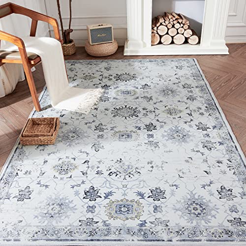 jinchan Area Rug 5x7 Washable Rug Kitchen Light Grey Floral Print Rug Farmhouse Indoor Accent Rug Boho Floor Cover Foldable Thin Rug Non Slip Soft Bath Mat for Bedroom Living Room Dining Room