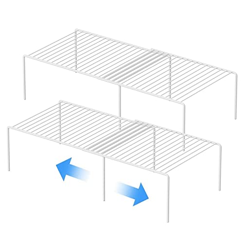 GEDLIRE Kitchen Cabinet Expandable Shelf Organizers Set of 2, Adjustable Metal Wire Pantry Storage Shelves, Plate Dish Organizer Rack for Cabinets, Cupboard, Counter, Freezer, Countertop, White