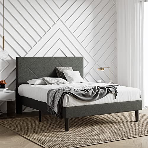 IMUsee Full Size Bed Frame, Upholstered Bed Frame with Geometric Headboard, Heavy Duty Mattress Foundation with Wooden Slats, Easy Assembly, Dark Grey