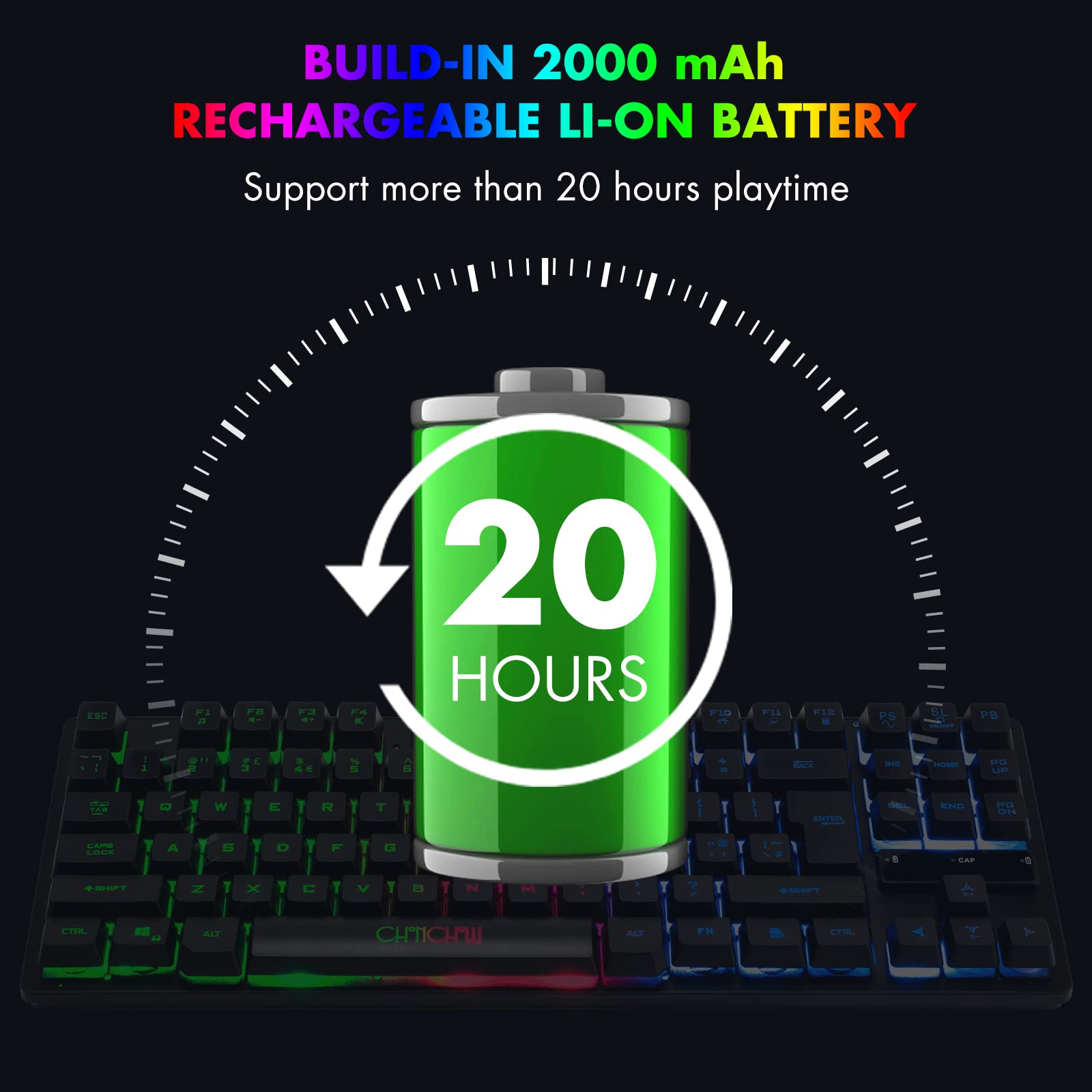 CHONCHOW Wireless Gaming TKL Keyboard Rechargeable Battery LED Backlit 87 Key Mechanical Feeling Ergonomic Tenkeyless Compact Teclado Compatible with MacBook iMac Windows(87 Keys)