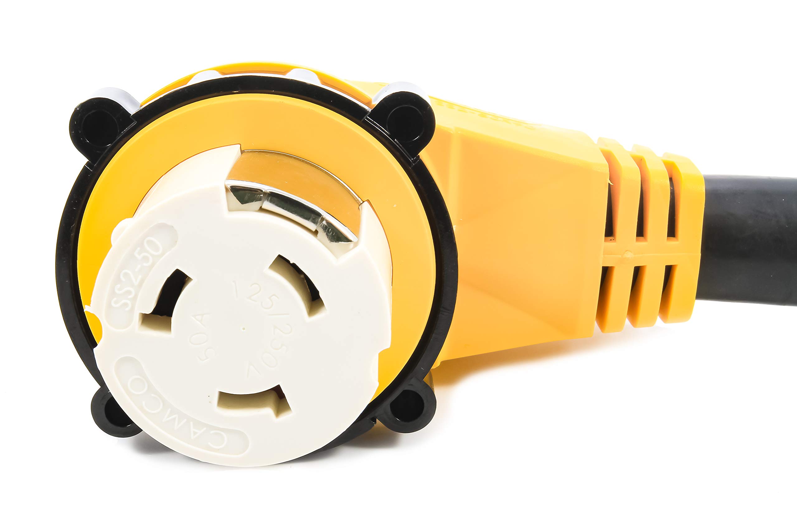 Camco Power Grip 18" Dogbone Extension Cord Adapter with 50-Amp Power Locking Male and 50-Amp 90-Degree Locking Female Ends for Electrical Connection