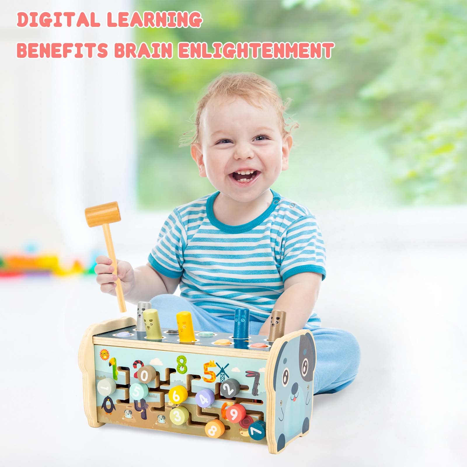 kogabanny Wooden Hammering Toy, Educational Pegs Pound Maze Puzzle Number Sorter Musical Toy with Xylophone, Hammers, Mallets, for Kids