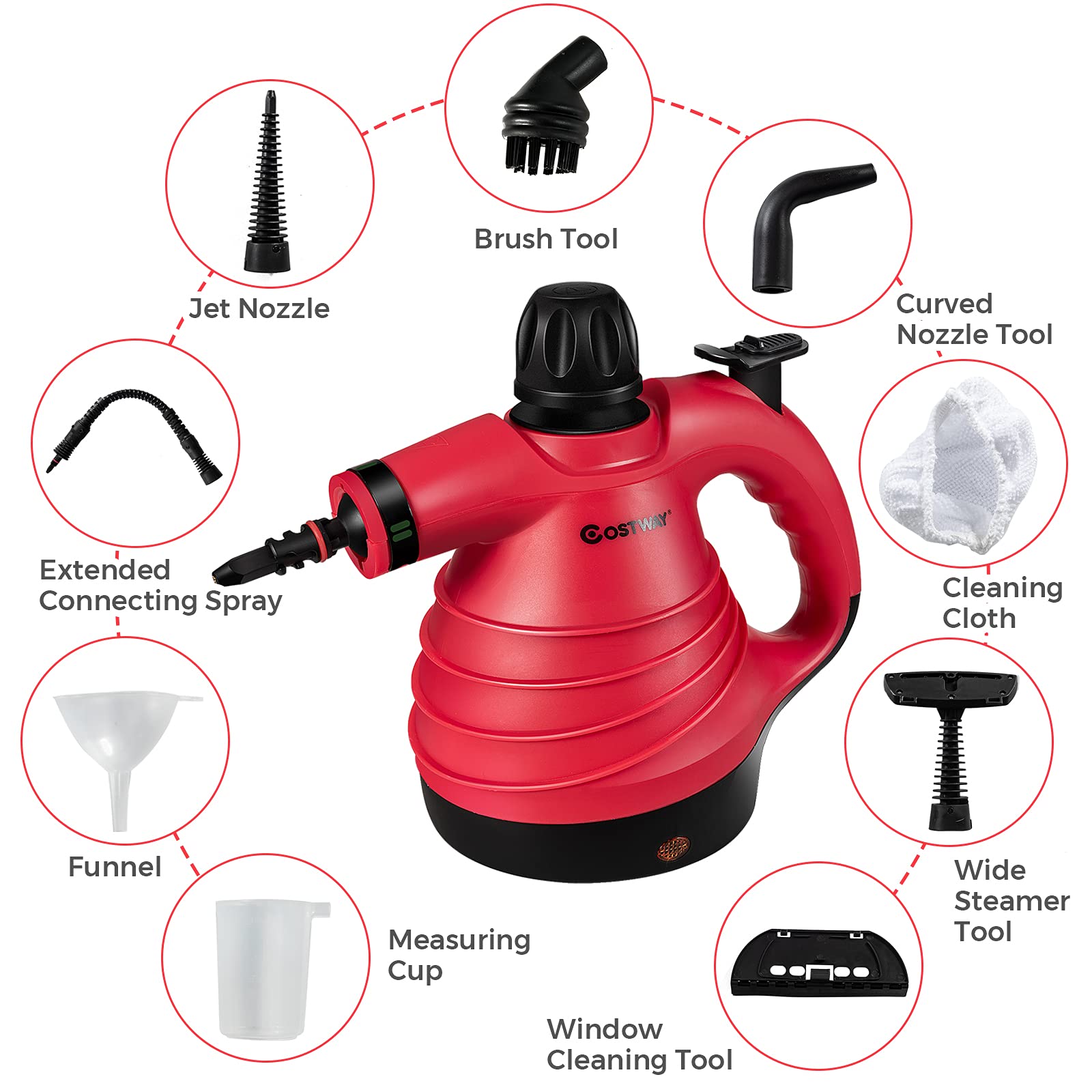COSTWAY Handheld Steam Cleaner, 1050W Multipurpose Steamer Cleaning with 9-Piece Accessory Set, Safe Lock, Chemical Free and Powerful, Portable Steam Cleaner for Kitchen, Bathroom, Windows, Floors (Red)