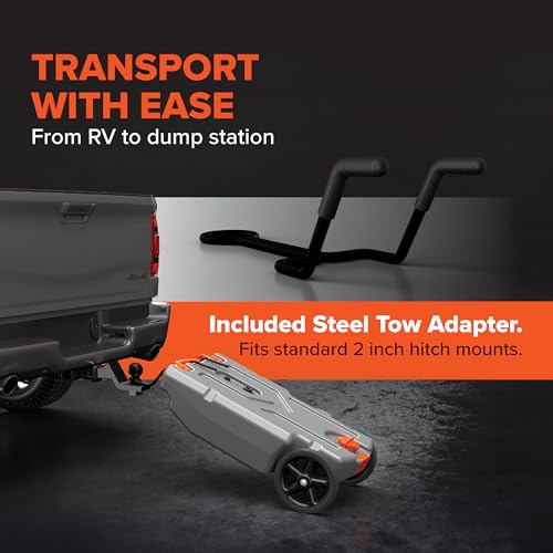 Camco Rhino 15-Gallon Portable Camper / RV Tote Tank - Features Large Heavy-Duty No-Flat Wheels & Low Drain Hole - Includes Removable Steel Tow Adapter, 3β RV Sewer Hose & More RV Accessories (39000)