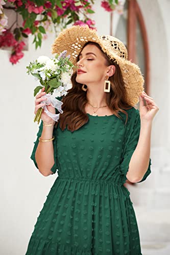 IN'VOLAND Womens Chiffon Elegant Plus Size Dresses Swiss Dot Babydoll Short Sleeve Party Midi Dress Dark Green