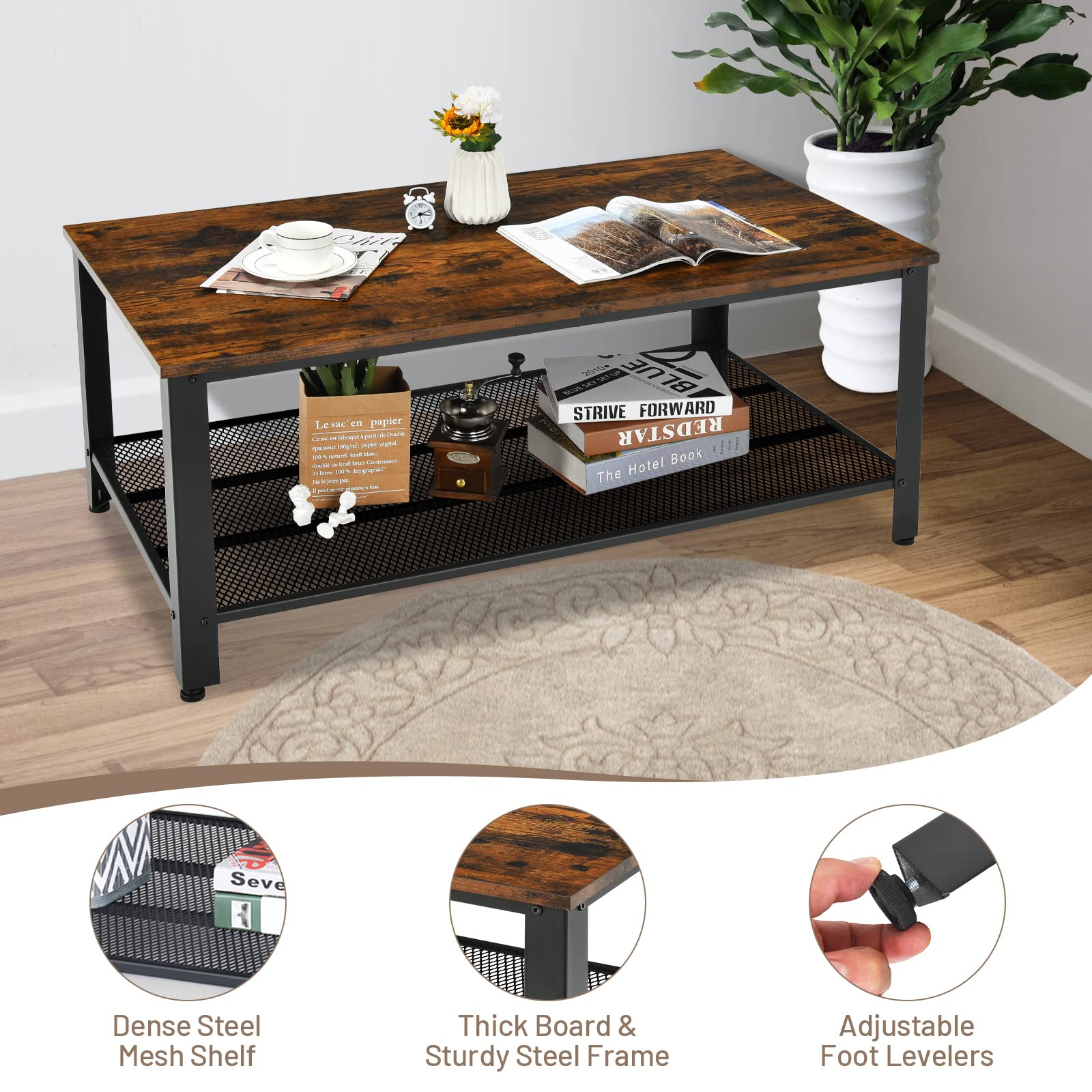 COSTWAY Industrial Coffee Table with Storage Shelf, 2-Tier Vintage Central Entertainment Console Table, Retro Accent Cocktail Tea Table for Living Room Office, Easy Assembly (Rustic Brown)