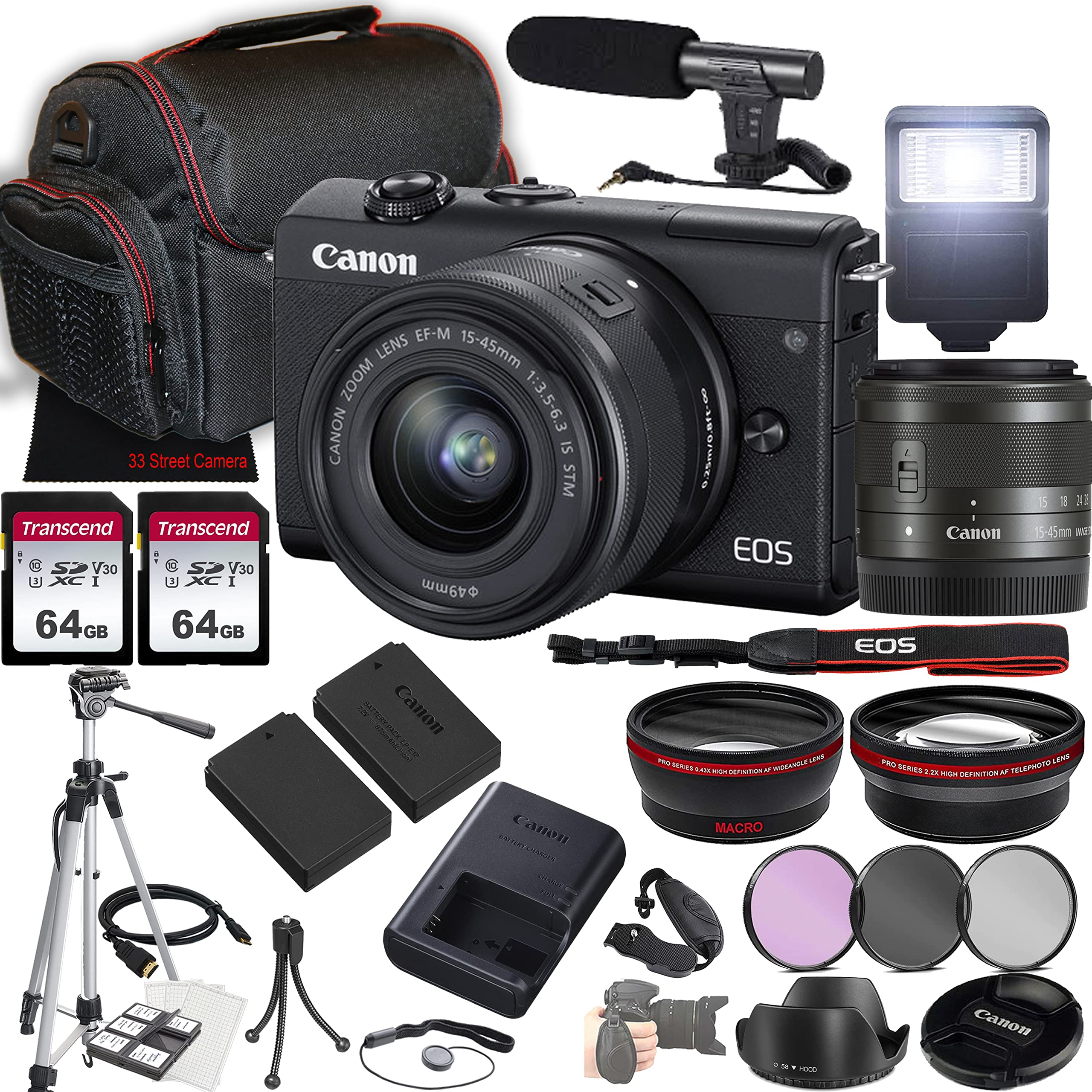 Canon EOS M200 Mirrorless Camera w/EF-M 15-45mm f/3.5-6.3 is STM Lens + 2X 64GB Memory + Case + Microphone + Tripod + More (35pc Bundle) (Renewed)