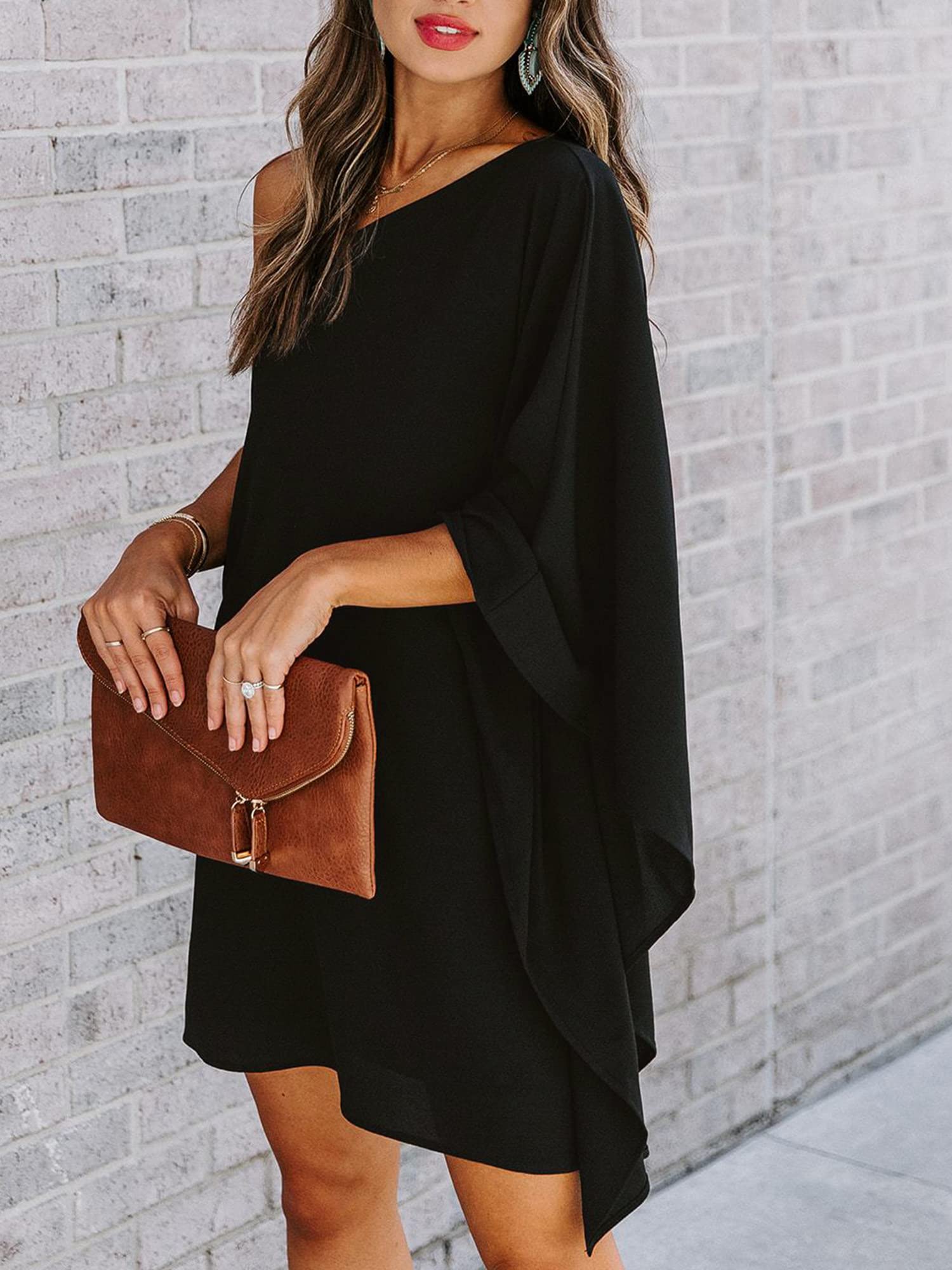 Chunoy Women Casual Summer Batwing Sleeve Side to Side One Shoulder Statement Flowy Mini Dress Black