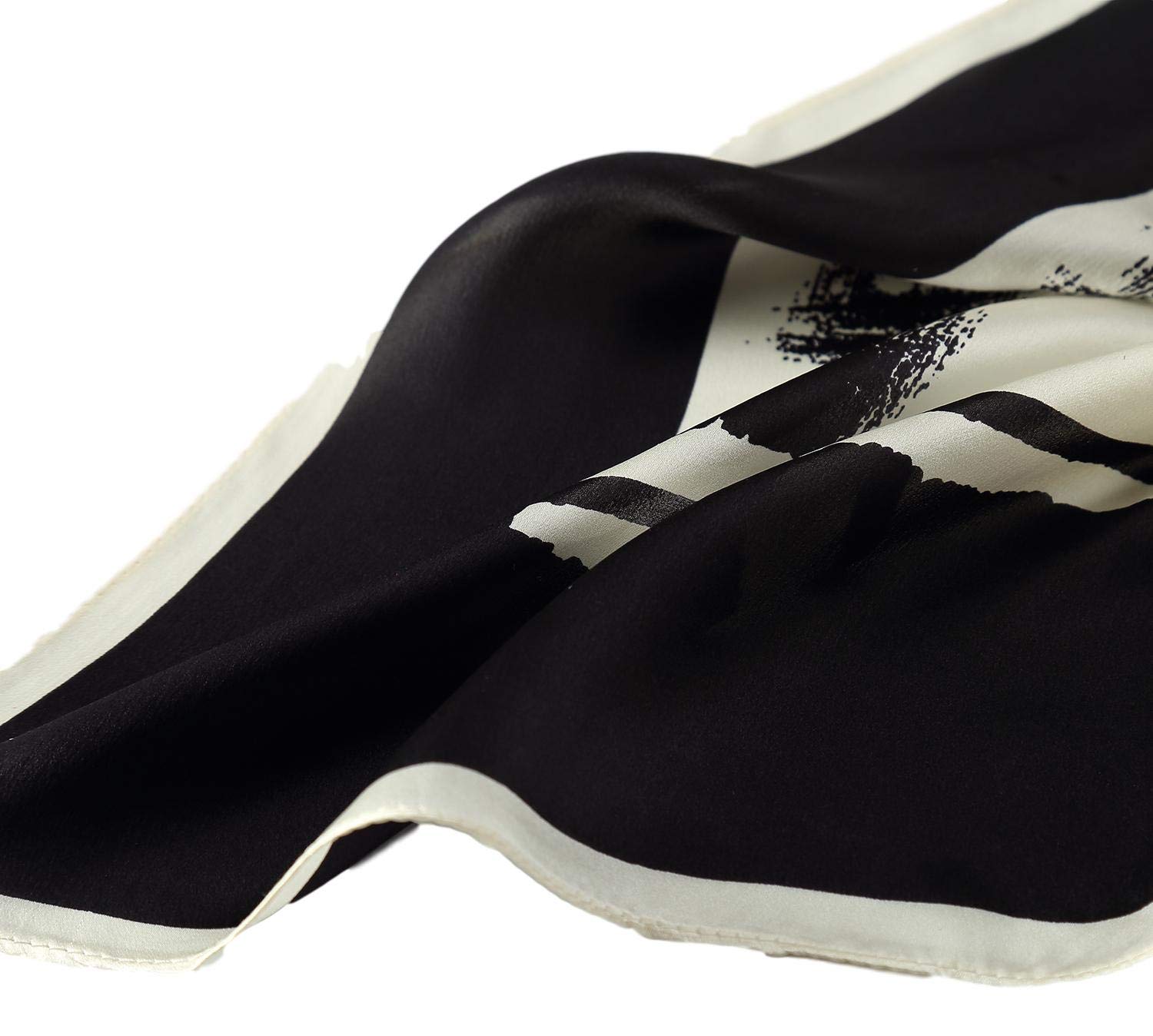 YangtzeStore Long Charmeuse Silk Scarf Floral and Graphic Print (Black White Abstract)