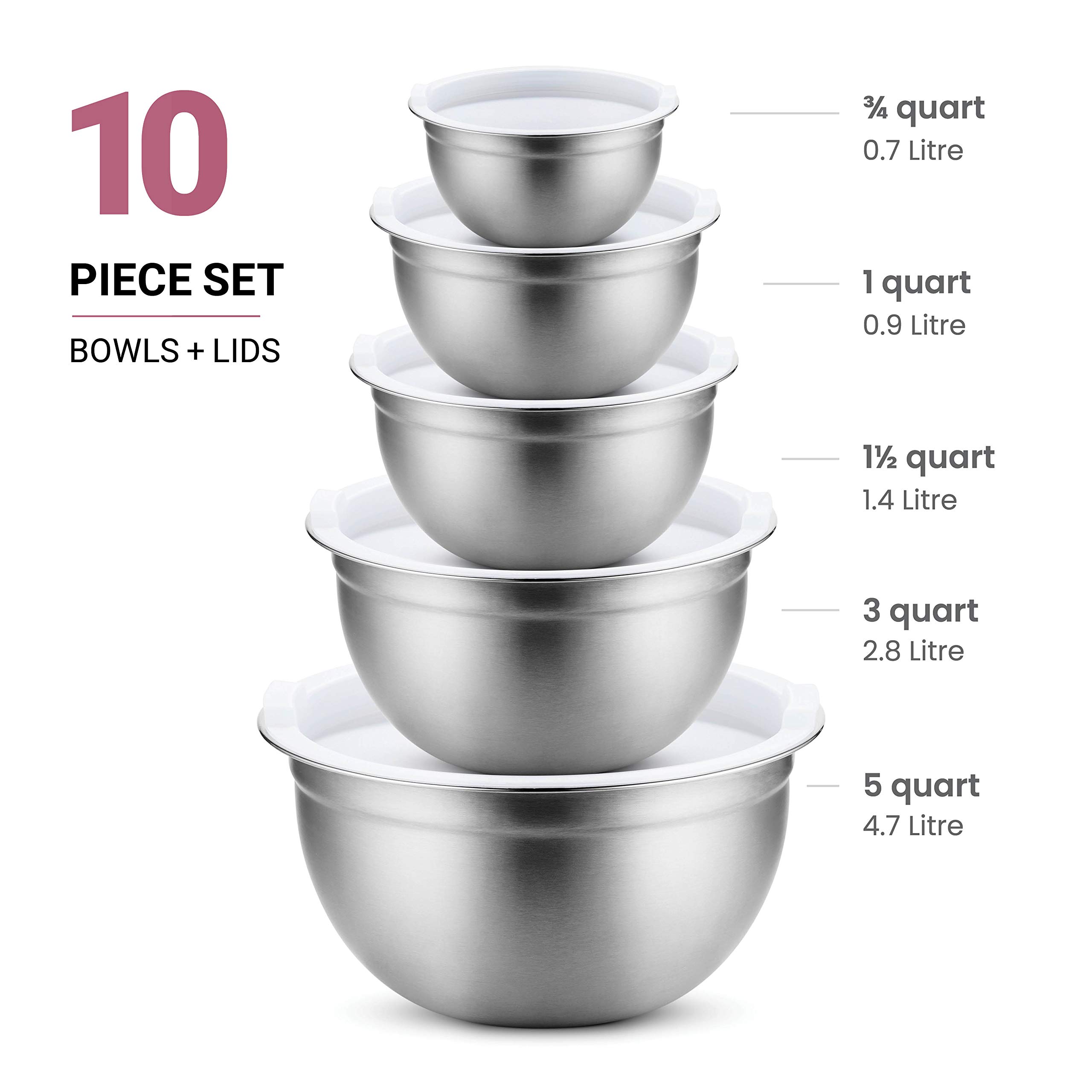 FineDine Stainless Steel Mixing Bowls Set with Lids, Home Kitchen Cooking Essentials Household Must Haves for Baking, 5 Pieces