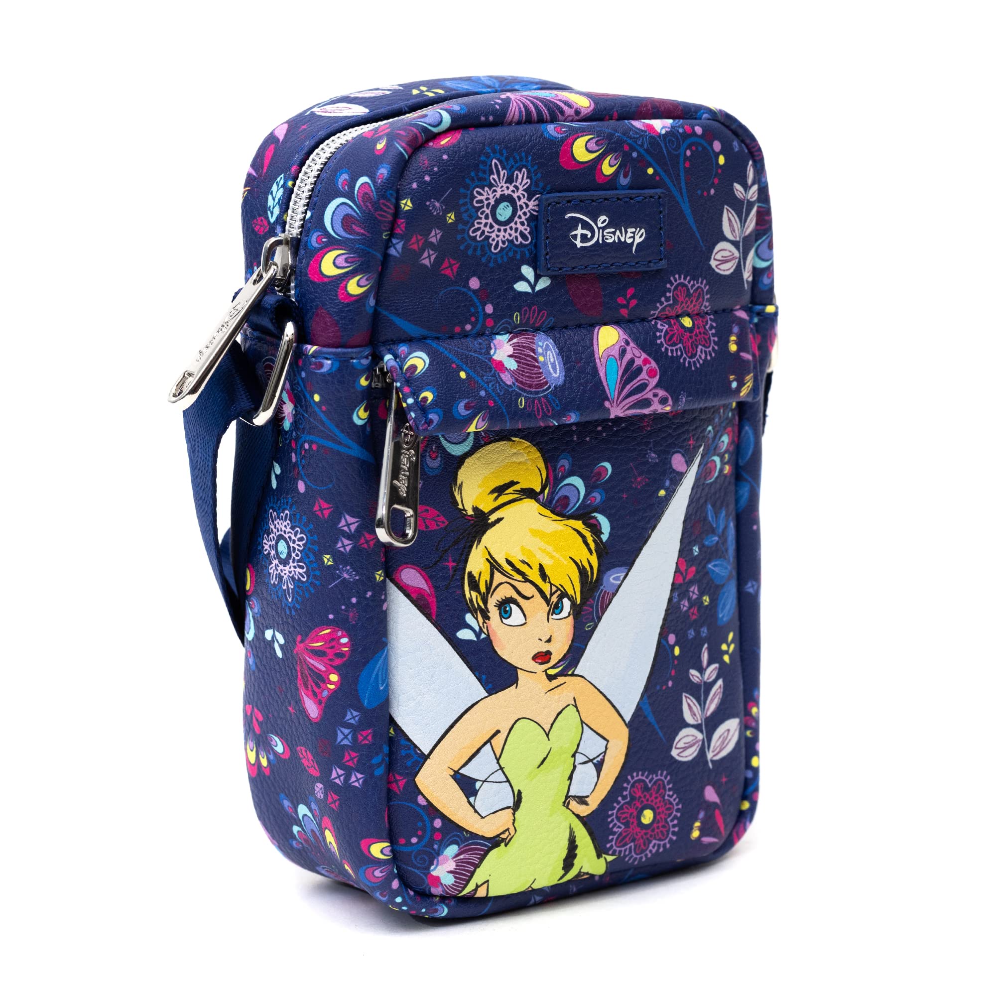 Disney Bag, Cross Body, Tinker Bell Standing Pose Floral Collage, Blue, Vegan Leather