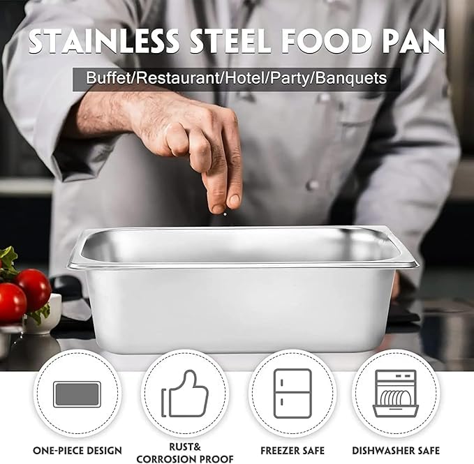 Generic 6 Pack Stainless Steel Buffet 4"" Deep Anti-Jam Containers 1/1,1/2,1/3,1/4 Steam Table Pan With Lid, Restaurant and Commercial Pans, Hotel Pan, Chafing Steam Table Catering Storage (1/1)