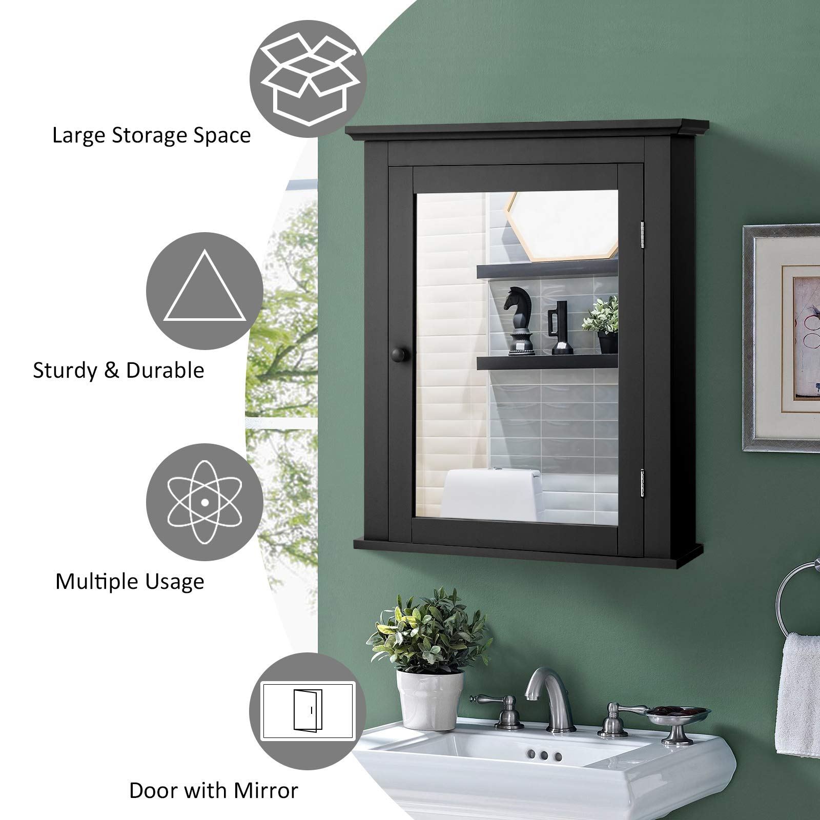HOMGX Bathroom Mirror Cabinet, Wall Mounted Cabinet with Mirror Door, Adjustable Shef, Round Knob, Space Saving Wood Medicine Cabinet for Kitchen (Black)