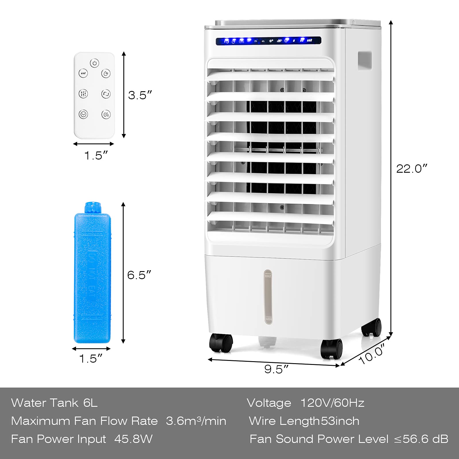COSTWAY Portable Evaporative Air Cooler for Room, Include Remote Control, 4 Ice Packs, Portable Bladeless Fan with 3 Modes, 3 Speeds, 7H Timer, 6L Water Tank, Air Cooler for Indoor Use, Bedroom, White