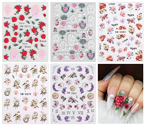 JMEOWIO 3D Spring Embossed Flower Nail Art Stickers Decals Self-Adhesive Pegatinas Uñas 5D Floral Nail Supplies Nail Art Design Decoration Accessories 5 Sheets