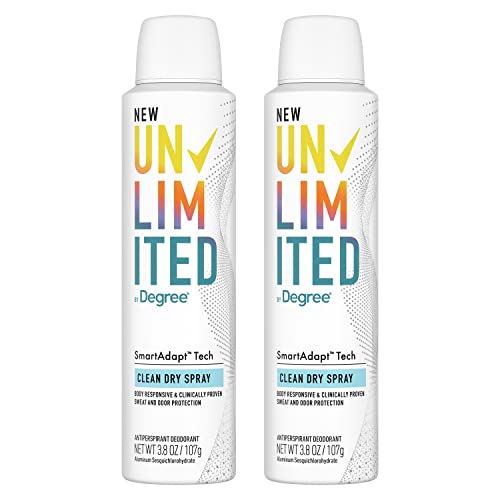 Degree Unlimited Antiperspirant Deodorant Dry Spray Clean 2 Count Long-Lasting Sweat & Odor Protection with Antiperspirant Technology SmartAdapt Tech 3.8 oz