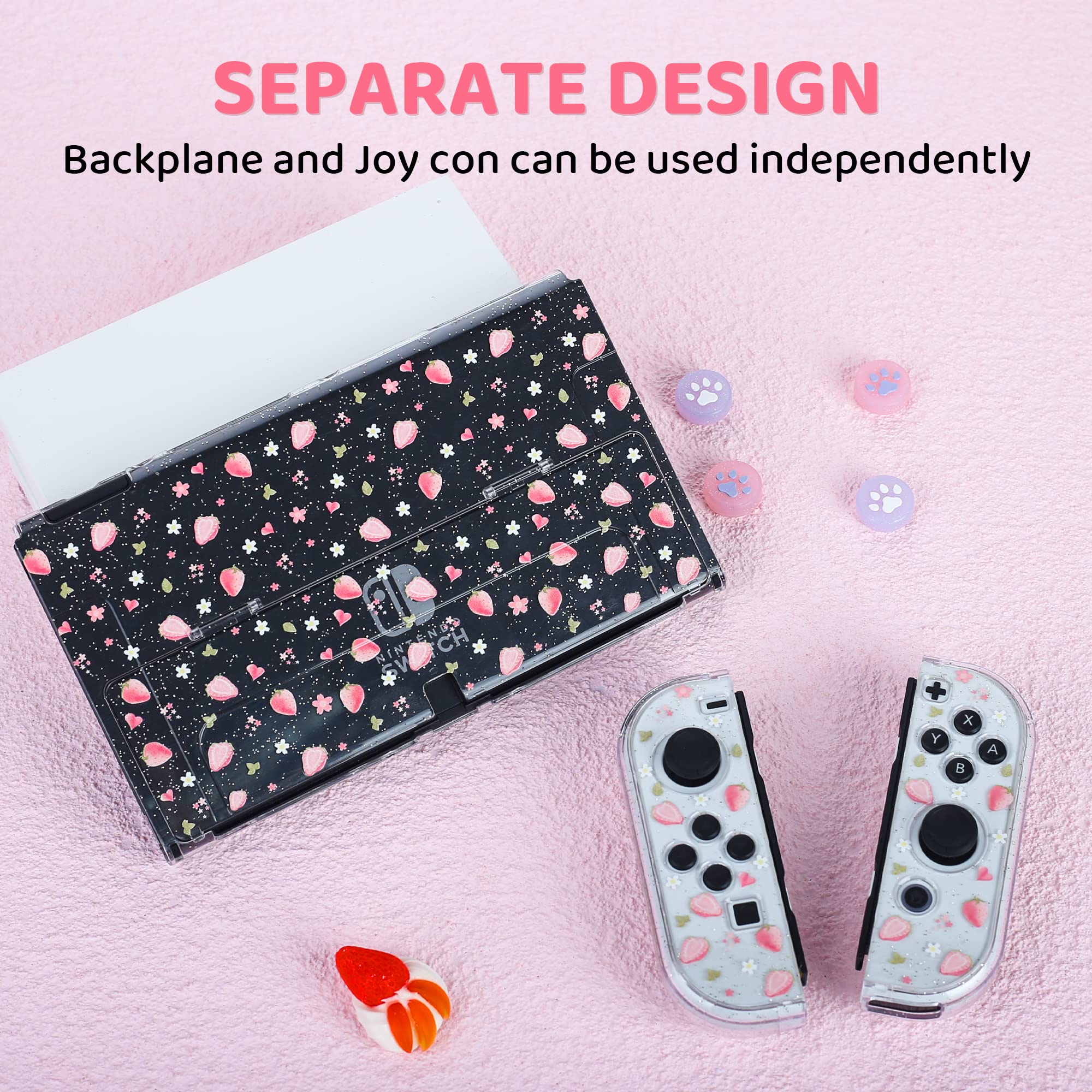 Crystal Case for Nintendo Switch OLED, FANPL Cute Protective Cover Compatible with Switch OLED, Kawaii PC Shell Accessories for Girls with 4 Thumb Caps and Screen Protector - Glitter Pink Strawberry