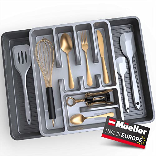 Mueller Large Flatware Kitchen Drawer Organizer, Expandable 19.7" x 15" Silverware Organizer, 6 Compartments, Heavy-Duty, Cutlery Tray for Utensils or Stuff, Dining Room, Living Room, Grey