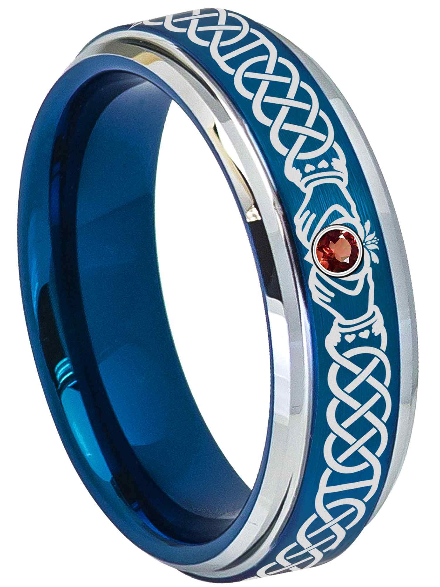 Celtic Claddagh Ring with 0.03 carat Garnet Gemstone Tungsten Carbide Ring - 6mm Brushed Comfort Fit 2-Tone Blue Tungsten Anniversary Ring - January Birtstone Ring