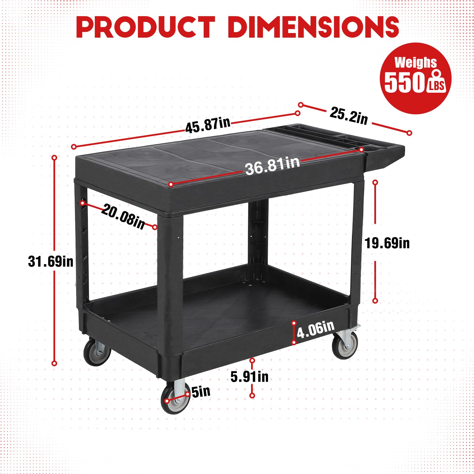 GarveeTech Utility Service Cart Flat top, 550 LBS Heavy Duty Plastic Rolling Utility Cart with 360°Swivel Wheels (2 with Brakes), 2 Shelves Work Cart Ergonomic Storage Handle for Warehouse Garage