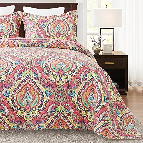 TWINRUN Boho 2 Quilt Sets King Size,Microfiber King Reversible Coverlets+Cotton Lightweight Quilted Bedspread Set