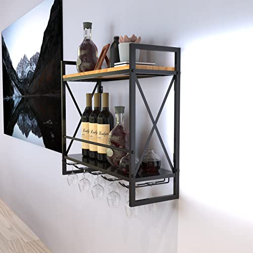 Fhesap Industrial Wine Rack Wall Mounted, Wall Wine Rack, Hanging Wine Rack, Wall Wine Racks for Wine Bottles, Wine Rack with Glass Holder, Metal Bar Rack, 2 Tier Wood Rack with 5 Goblet Holders
