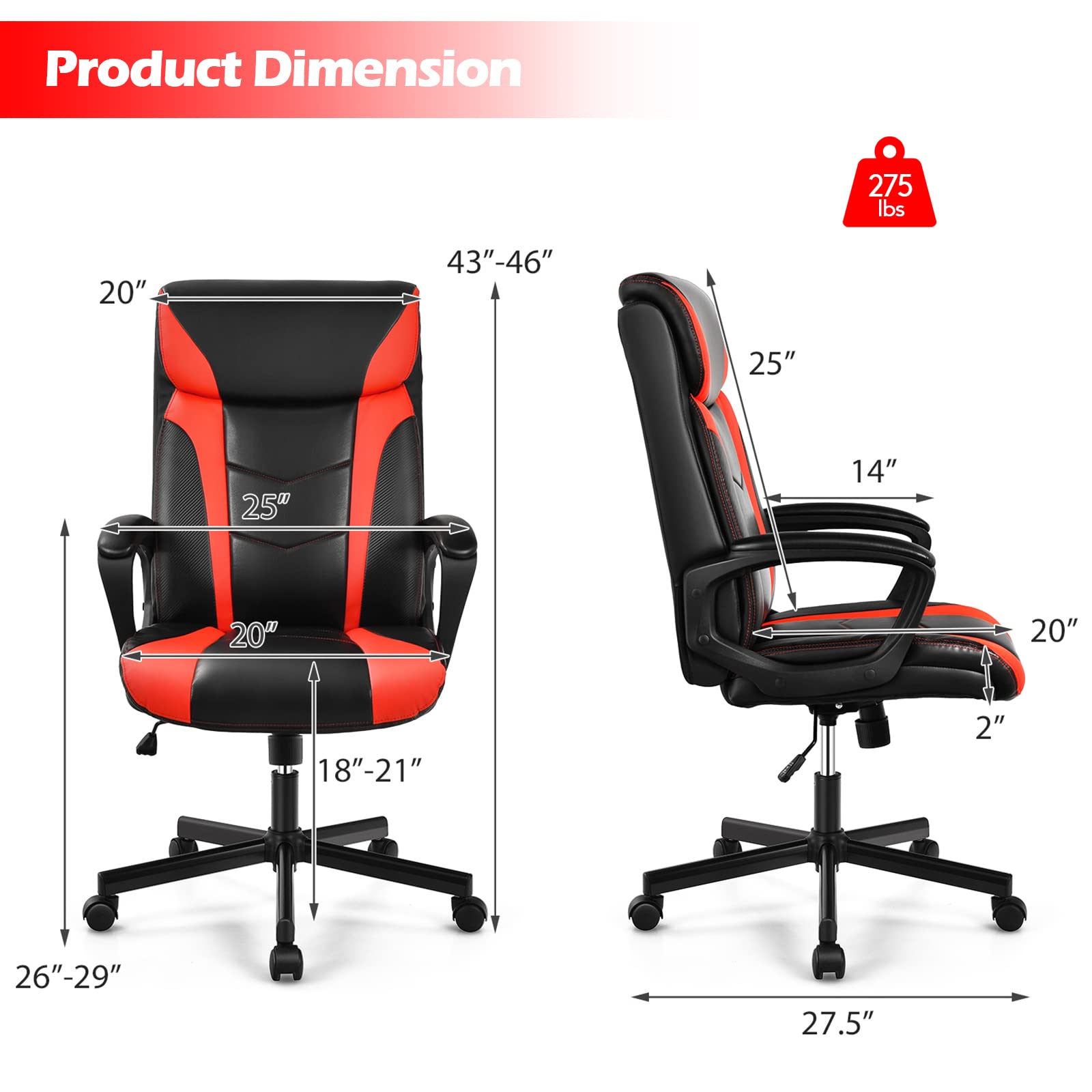 COSTWAY PU Leather Office Chair, Racing Style High Back Swivel Chair with Height Adjustable, Padded Headrest and Armrests, Ergonomic Computer Desk Executive Chair for Working Studying Gaming (Red)
